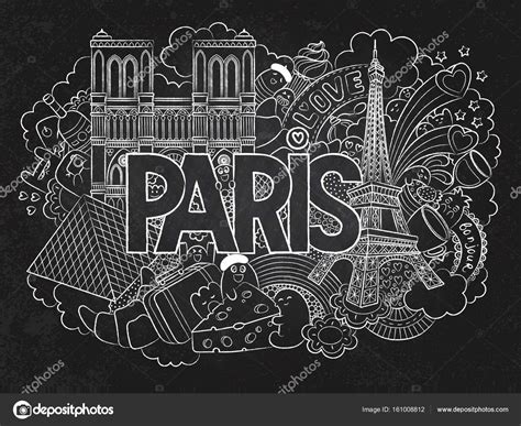 ©건축과 파리의 문화를 보여주는 벡터 낙서 그림 추상적인 배경 칠판 손으로 그린 텍스트 파리 웹 디자인 배너 엽서