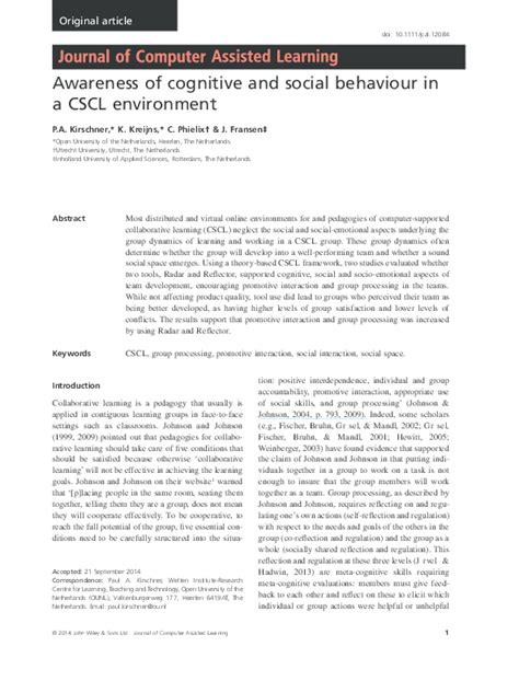 Pdf Awareness Of Cognitive And Social Behaviour In A Cscl Environment
