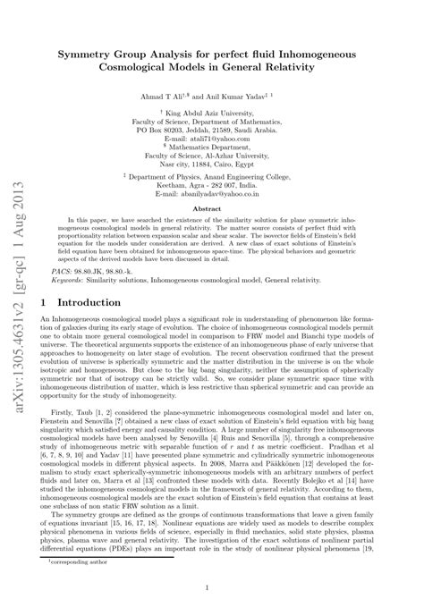 Pdf Symmetry Group Analysis For Perfect Fluid Inhomogeneous Cosmological Models In General