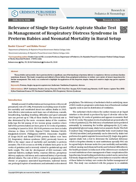 Relevance Of Single Step Gastric Aspirate Shake Test In Management Of
