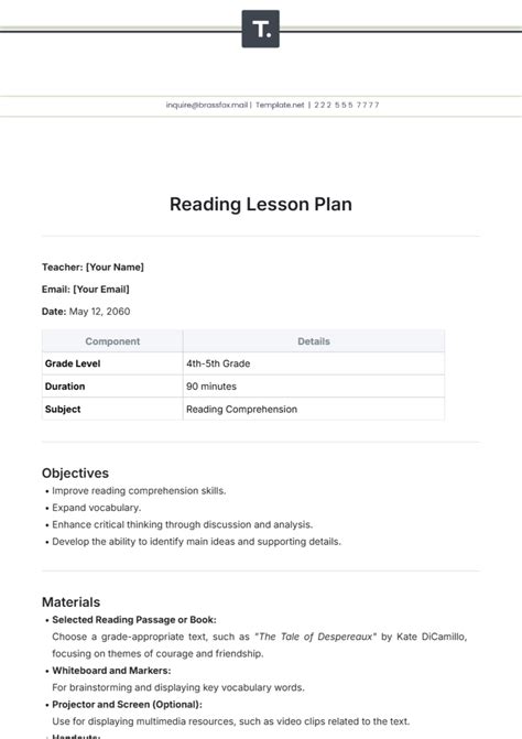 Free Reading Lesson Plan Template To Edit Online