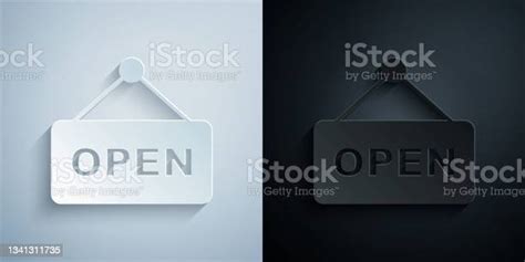 회색과 검은색 배경에 격리된 텍스트 열기 문 아이콘이 있는 용지 잘라 내기 표시가 끊어지고 있습니다 종이 아트 스타일 벡터 3차원 형태에 대한 스톡 벡터 아트 및 기타