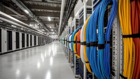 Modern Data Center With Vibrant Power Cables Showcasing Energy Safety And Technological