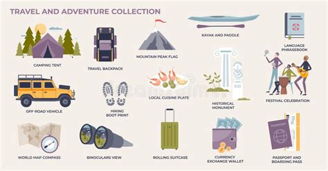 Travel And Adventure Elements For Holiday Trips Tiny Person Collection Set Stock Vector