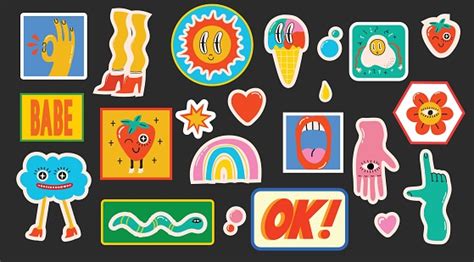 추상적이고 재미있는 귀여운 만화 캐릭터와 다양한 패치 핀 우표 또는 스티커세트의 손으로 그린 벡터 일러스트레이션 아이디어에 대한 스톡 벡터 아트 및 기타 이미지 Istock