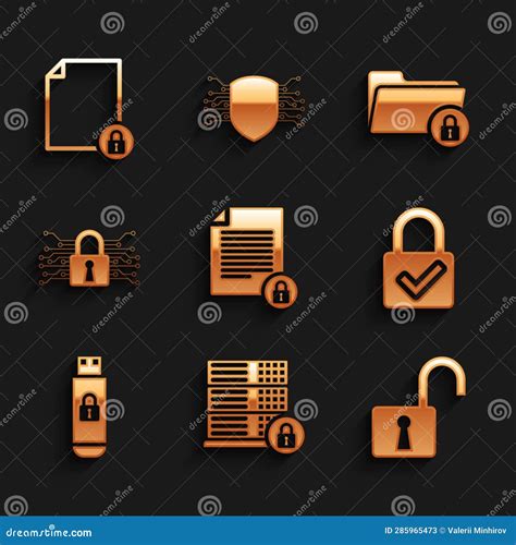 Set Document And Lock Server Security With Open Padlock Lock Check Mark Usb Flash Drive And