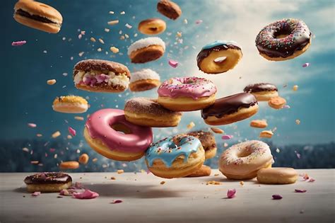 Premium Photo Flying Doughnuts Scene Mix Of Multicolored Sweet Donuts With Sprinkle On Blue