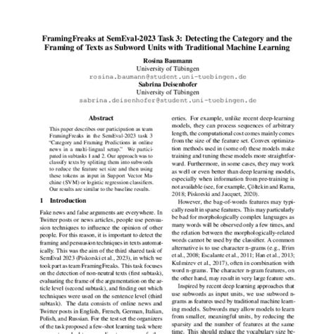 FramingFreaks At SemEval 2023 Task 3 Detecting The Category And The Framing Of Texts As Subword