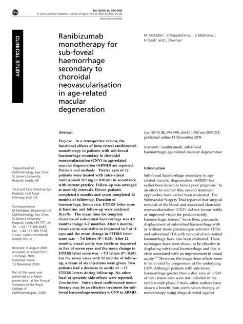 Pdf Ranibizumab Monotherapy For Sub Foveal Haemorrhage Secondary To Choroidal