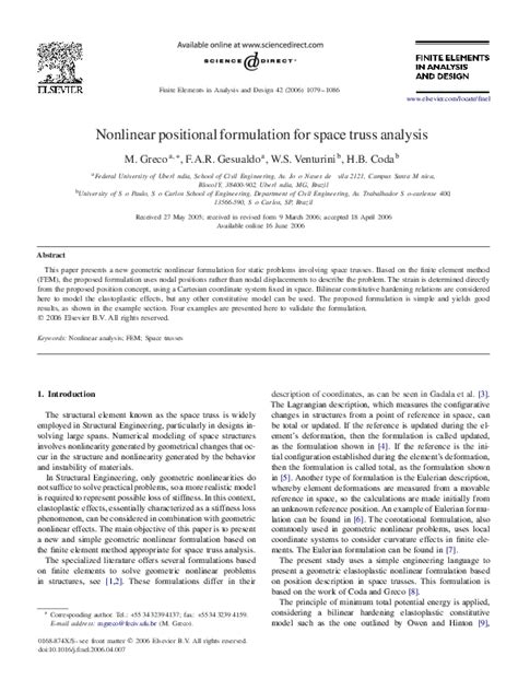 Pdf Nonlinear Positional Formulation For Space Truss Analysis