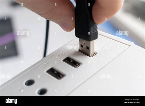 Macro View Of The Usb Data Connection Inserting The Wire Port Equipment Stock Photo Alamy