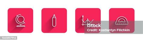 긴 그림자가 있는 선 지구 지구 마커 펜 그래프 일정 차트 다이어그램 및 각도기를 설정합니다 빨간색 사각형 버튼입니다 벡터 교육에 대한 스톡 벡터 아트 및 기타 이미지