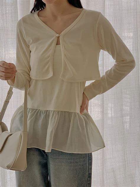 리리앤코 44 88 이엘런즈 스판 시스루 배색 나시 가디건 세트 봄가을여름신상데일리룩데이트룩트렌디룩캠퍼스룩빅사이즈88사이즈신축성레이어드셋업프릴