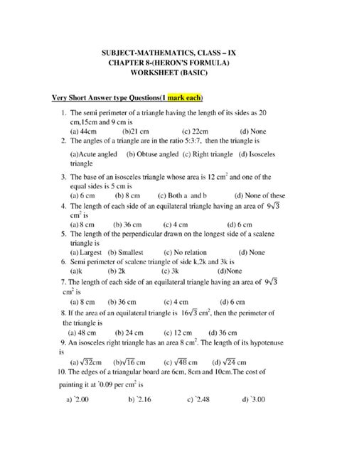 Herons Formula Pdf Area Triangle