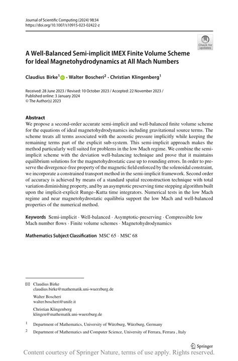 Pdf A Well Balanced Semi Implicit Imex Finite Volume Scheme For Ideal Magnetohydrodynamics At