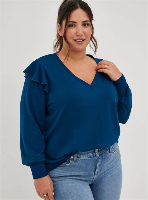 Plus Size Lt Weight French Terry V Neck Ruffle Shoulder Sweatshirt