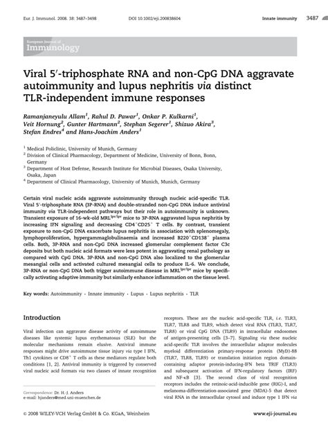 Pdf Viral 5′ Triphosphate Rna And Non Cpg Dna Aggravate Autoimmunity And Lupus Nephritis Via