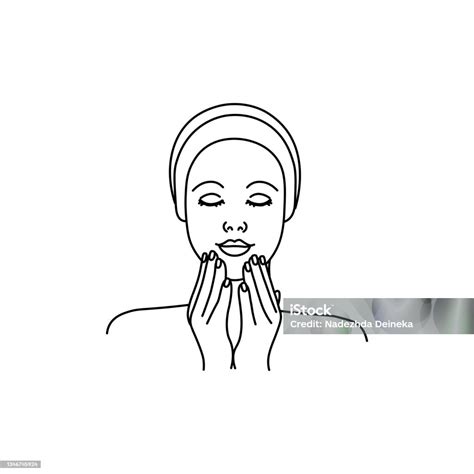 얼굴 마사지를하거나 크림을 바르는 소녀 라인 걸 추상 미니멀 한 실루엣 스파 살롱 스케치 스타일의 에코 화장품 벡터 아이콘에 대한 바디 케어 체조에 대한 스톡 벡터 아트 및