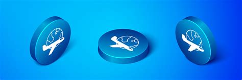 하늘을 나는 비행기 아이콘이 있는 아이소메트릭 지구본은 파란색 배경에 분리되어 있다 비행기는 지구 주위를 날아다닙니다 항공기