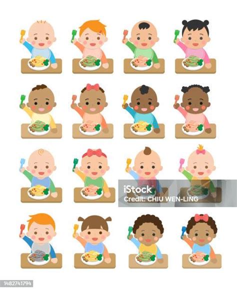 아기 일일 일러스트레이션 세트 다양한 인종과 피부색 이유식과 아기 국수 귀엽고 장난기 넘치는 벡터 스타일 일러스트레이션 캐릭터 개체 그룹에 대한 스톡 벡터 아트 및 기타