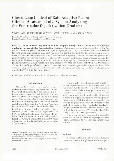Pdf Closed Loop Control Of Rate Adaptive Pacing Clinical Assessment Of A System Analyzing The