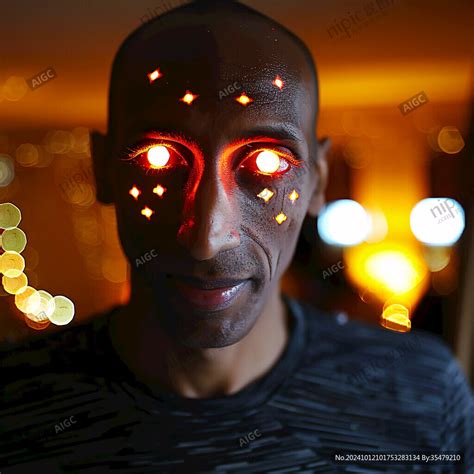 Ai创作图激光黑脸娃娃 金面罩人头像 面部控制技术 人物特效 黑客科幻神秘外星人 双环护脸男子 虚拟的脸 高级外星人 电子人头部 光效人物 外星人黑客机器人 未来智能人物形象设计 科技眼睛视觉