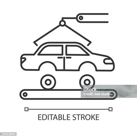 자동차 산업 선형 아이콘입니다 자동차 생산 차량 공장 자동차 수리 기계 유지 보수 가는 선 그림입니다 등고선 기호입니다 벡터 절연 윤곽선 도면 편집 가능한 스트로크 개발에