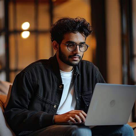 premium photo man using laptop computer on couch
