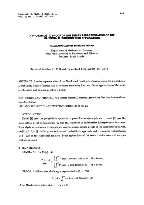 Pdf A Probablistic Proof Of The Series Representation Of The Macdonald Function With Applications