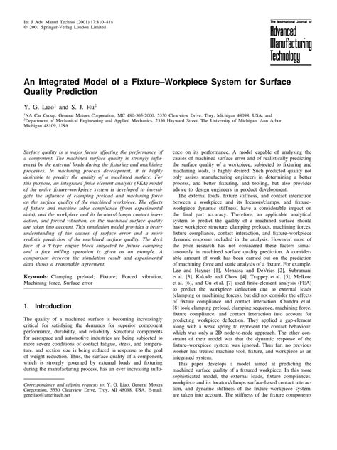 Pdf An Integrated Model Of A Fixture Workpiece System For Surface Quality Prediction