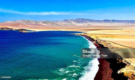 Red Sand Beach Ocean Meets Desert In Paracas National Park Peru Stock