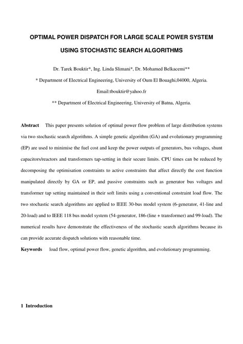 pdf optimal power dispatch for large scale power system using stochastic search algorithms
