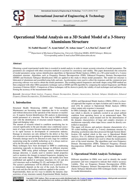 Pdf Operational Modal Analysis On A 3d Scaled Model Of A 3 Storey Aluminium Structure