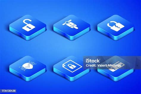 자물쇠 자물쇠 열기 문서 및 사이버 보안 전기 스쿠터 및 깨지거나 금이 간 아이콘으로 신용 카드를 설정합니다 벡터 0명에 대한