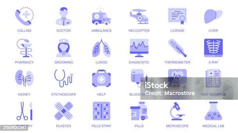 의료 건강 관리 웹 아이콘은 이중톤 평면 디자인으로 설정되어 있습니다 의사 구급차 간 약국 간호사 폐 진단 체온계 엑스레이 도움 알약 기타로 픽토그램을 포장하십시오 벡터