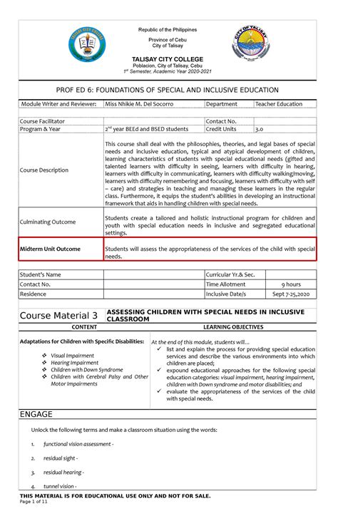 Prof Ed 6 Cm3 Assessing Csn In An Inclusive Classroom Republic Of The Philippines Province Of