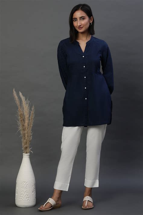 Buy Navy Schiffli Short Kurti With Pintucks Online For Woman Shop For