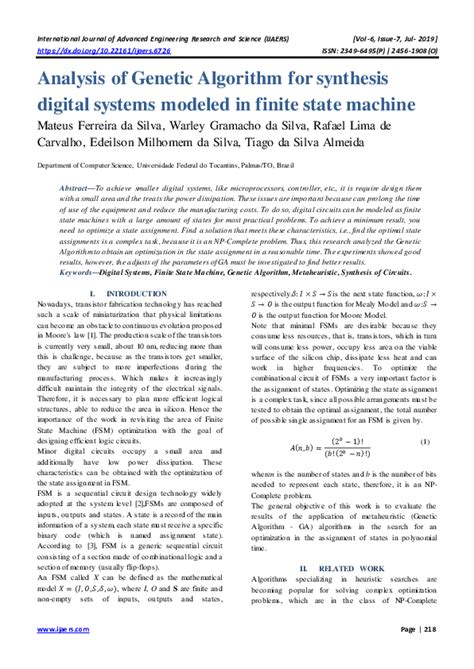 pdf analysis of genetic algorithm for synthesis digital systems