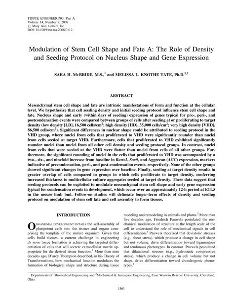 Pdf Modulation Of Stem Cell Shape And Fate A The Role Of Density And
