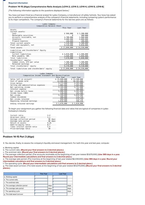 Solved Problem 14 15 Algo Comprehensive Ratio Analysis Chegg Com