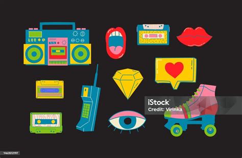 입술 하트 말풍선 오디오 카세트 및 기타 요소가 있는 패션 패치 배지 스티커 핀 만화 8090년대 스타일의 패치의 벡터 일러스트레이션 세트 1980 1989 년에 대한 스톡