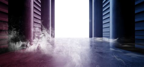 연기 네온 레이저 형광 블루 미래 차고 쇼 룸 터널 복도 콘크리트 금속 그런 지 반사 빈 공간 화이트 글로우 쇼케이스 무대 지하철 입구 3d 렌더링 0명에 대한 스톡 사진