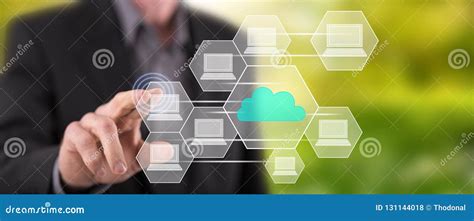 Man Touching A Cloud Computing Concept Stock Photo Image Of Mobile Application