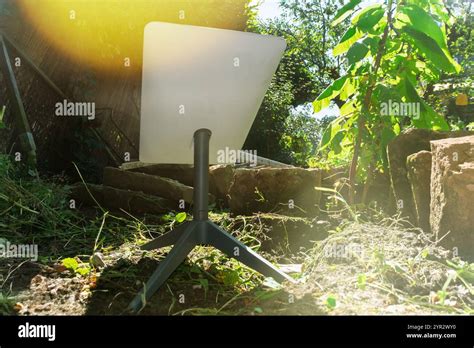 Low Angle View Of A Satellite Internet Antenna Positioned In A Garden Optimized To Catch