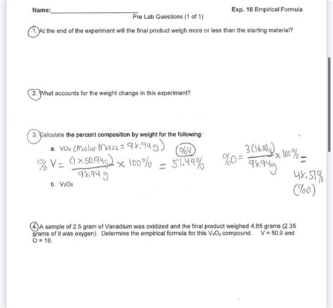 Name Exp 10 Empirical Formula Pre Lab Questions 1