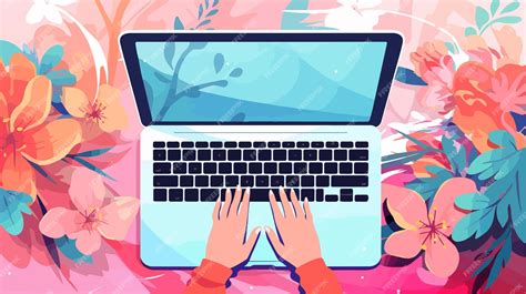 Premium Vector A Woman Is Typing On A Laptop With A Pink Flower In