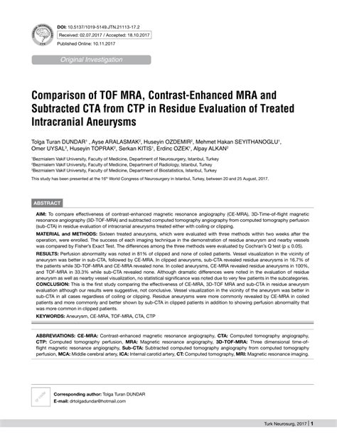 Pdf Comparison Of Tof Mra Contrast Enhanced Mra And Subtracted Cta From Ctp In Residue