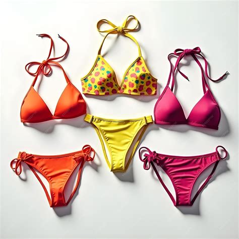A Collection Of Bikinis With A Yellow Bow And Red And Green Ones Premium Ai Generated Image