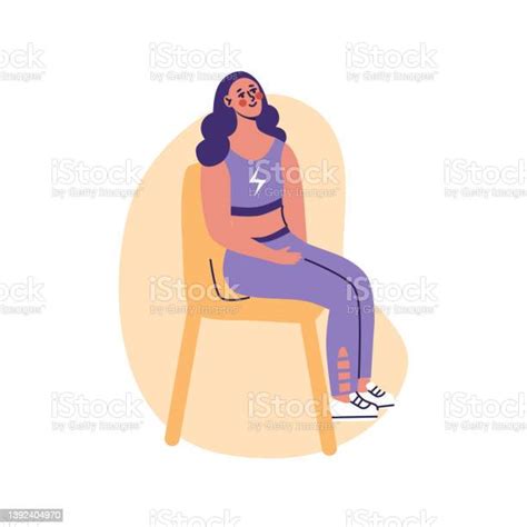 스포츠웨어의 의자에 앉아있는 테니지 소녀 흰색 배경에 격리된 플랫 벡터 일러스트 레이 션 긍정적인 감정 표현에 대한 스톡 벡터 아트 및 기타 이미지 긍정적인 감정 표현