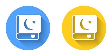 긴 그림자 배경으로 고립 된 코란 아이콘의 화이트 거룩한 책 이슬람 휴일 이드 무바라크 이드 알피터 라마단 카림 서클 버튼입니다